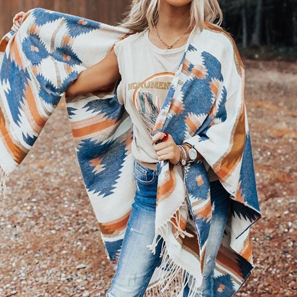 Shop_Fig | Sweaters | New Aztec Western Fringe Poncho Blanket Cardigan ...